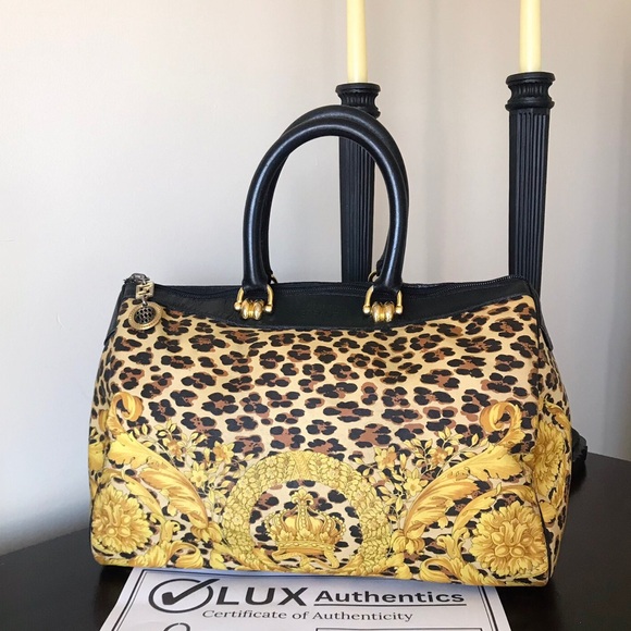 Versace | Bags | Versace Sunburst Baroque Leopard Print Boston Bag ...